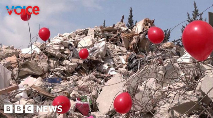 Red balloons placed on rubble to honour child victims in Turkey - Voice ...